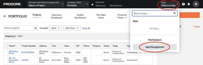 Initial Procore + 1Breadcrumb Integration (Manual Project Syncing)
